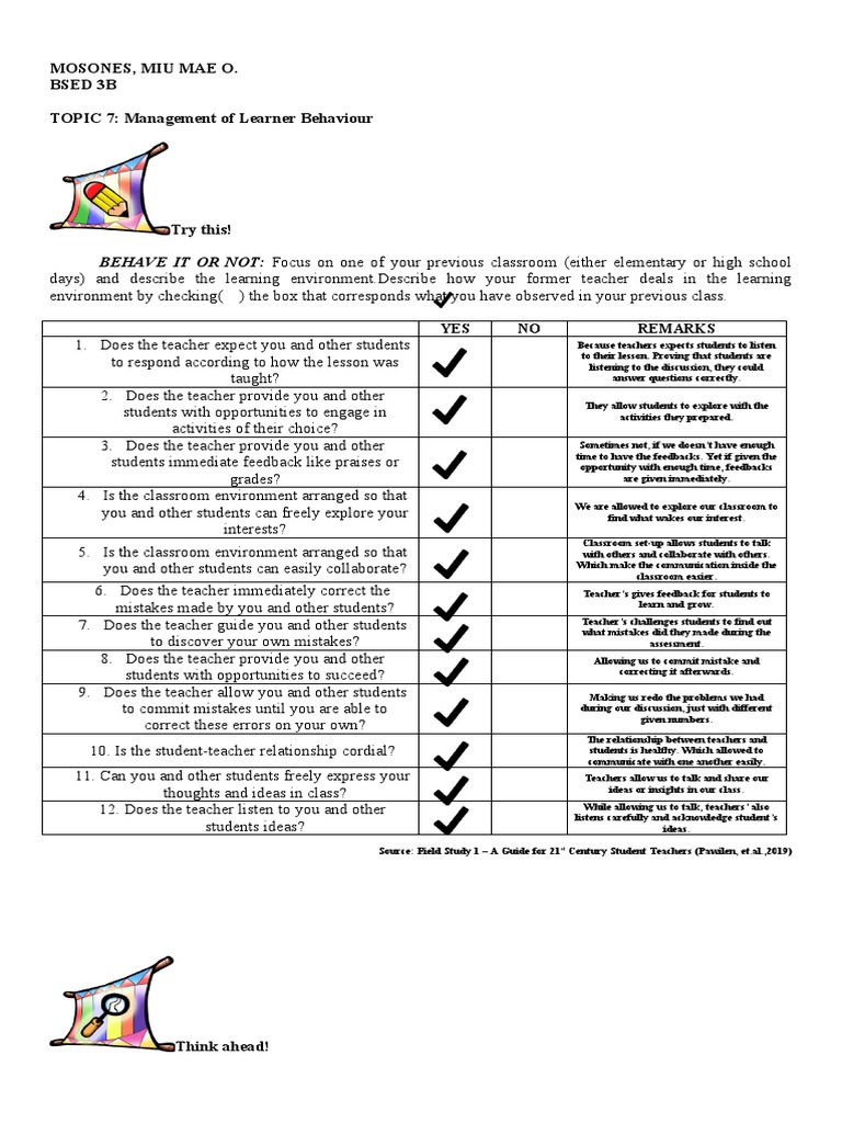 Miu Fs1 Worksheet Topic 7 | PDF | Teachers | Classroom Management