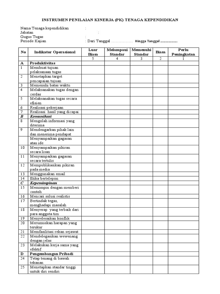INSTRUMEN PENILAIAN KINERJA Tendik 2021 | PDF