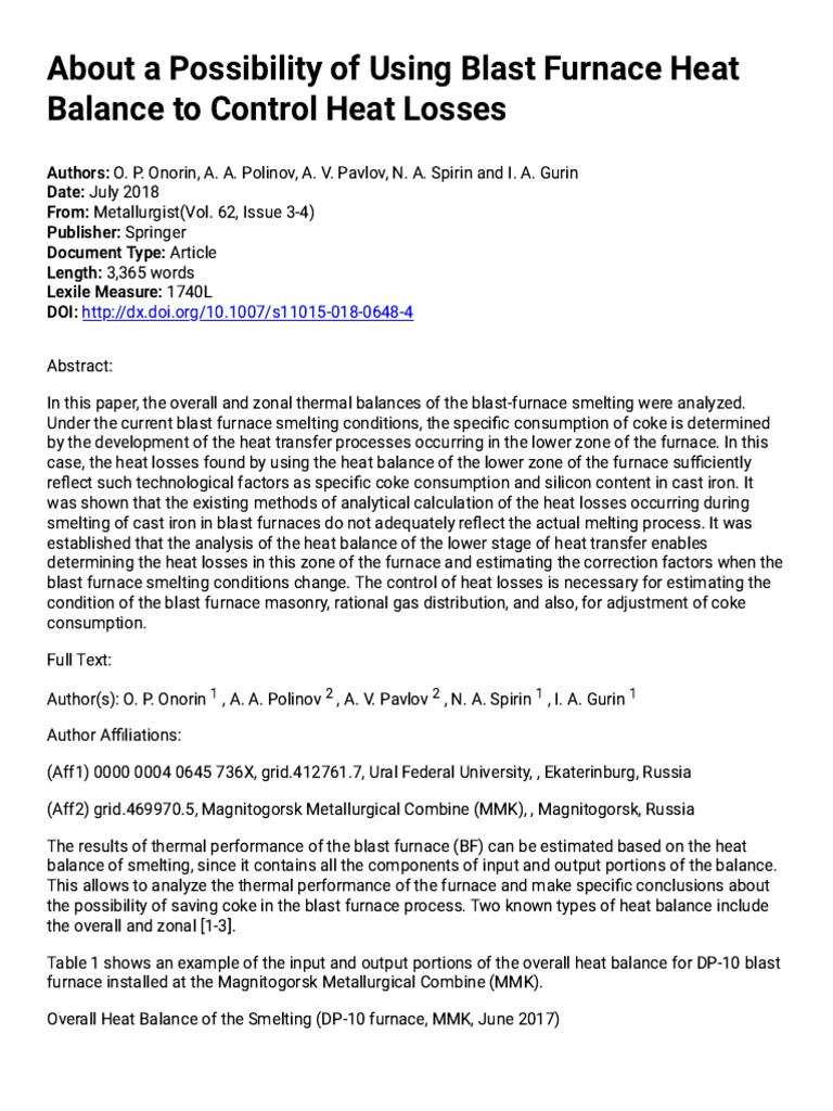 About A Possibility of Using Blast Furnace Heat Balance To Control Heat Losses - Document - Gale ...