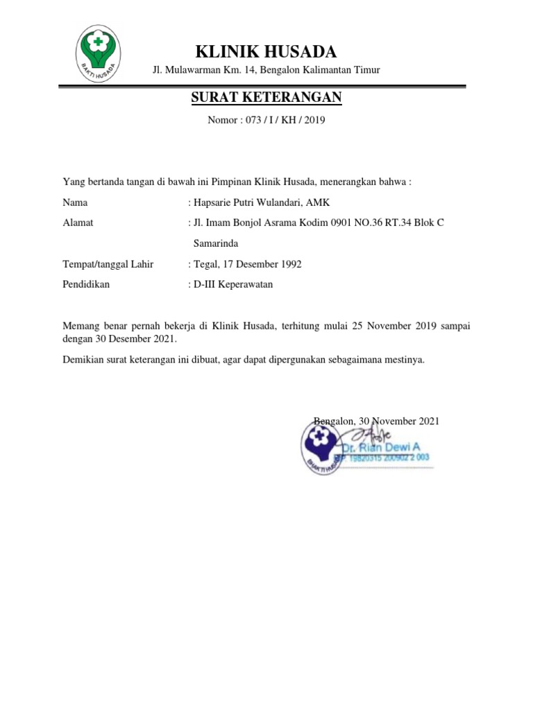 Surat Keterangan Kerja Klinik Husada Pdf