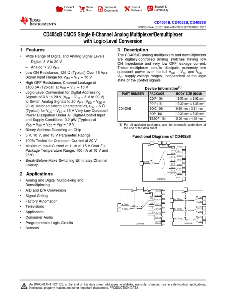 CD405xB CMOS Single 8-Channel Analog Multiplexer/Demultiplexer With ...