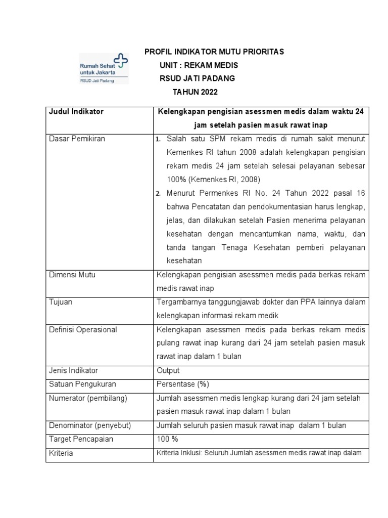 Profil Indikator Mutu Unit Prioritas Rekam Medis Kelengkapan | PDF