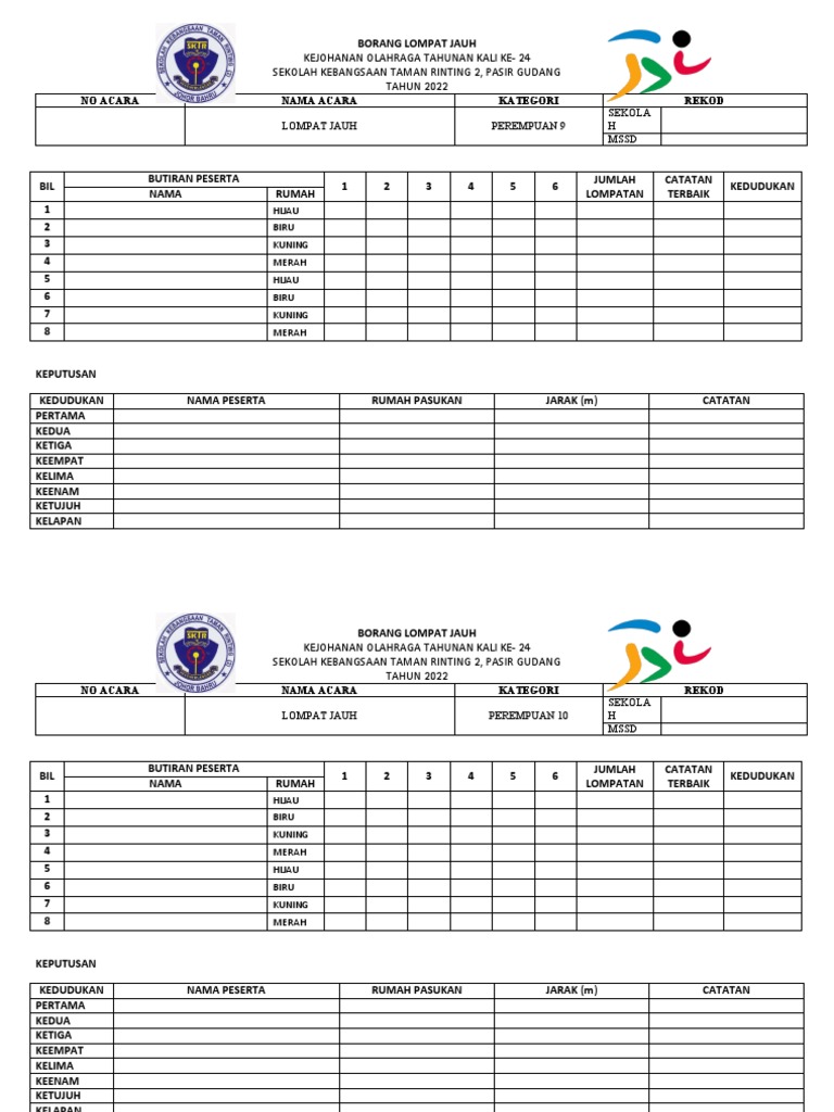 Borang Acara Padang - Lompat Jauh 2022 | PDF