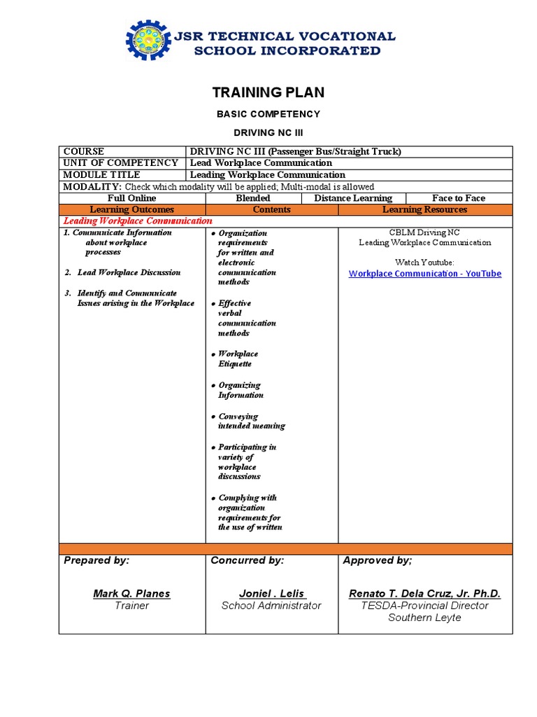 Training Plan Driving NC Iii | PDF | Occupational Safety And Health ...