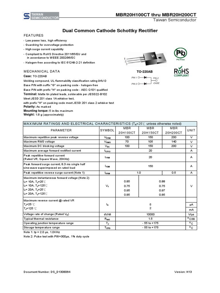 MBR20H100CT Series - H13 | PDF | Rectifier | Physical Quantities