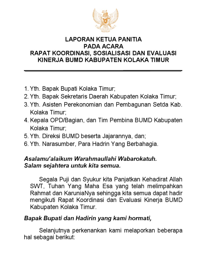 Laporan Ketua Panitia Pada Rapat Koordinasi Pembinaan Dan Evaluasi Bumd ...