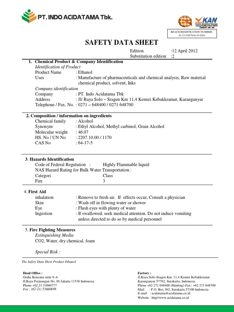Ethanol Safety Data Sheet Overview | PDF | Oxide | Personal Protective ...