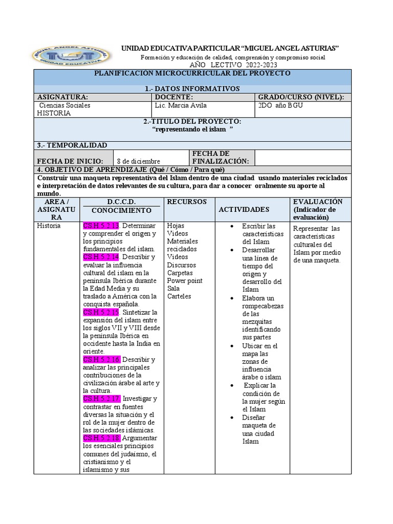Proyecto Historia 2do Bgu 1 Quimestre | PDF | Evaluación