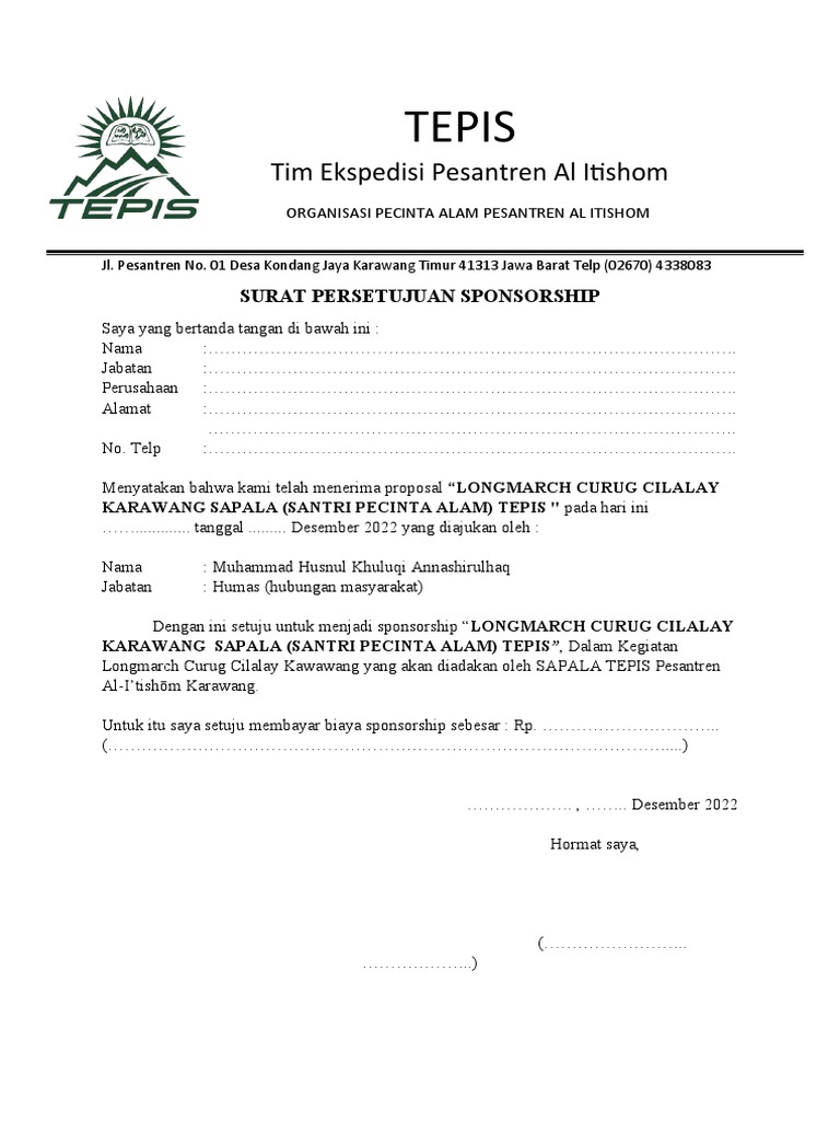 Surat Persetujuan Sponsor - TEPIS | PDF