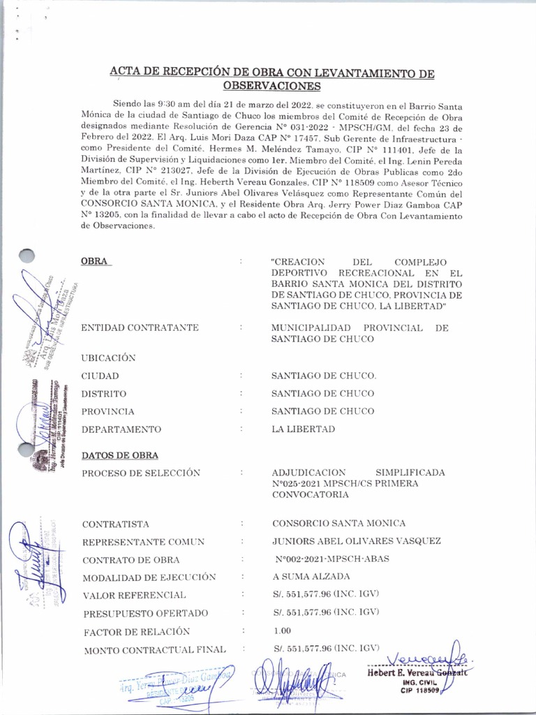 Acta de Recepcion de Obra Con Observaciones Complejo Santa Monica | PDF