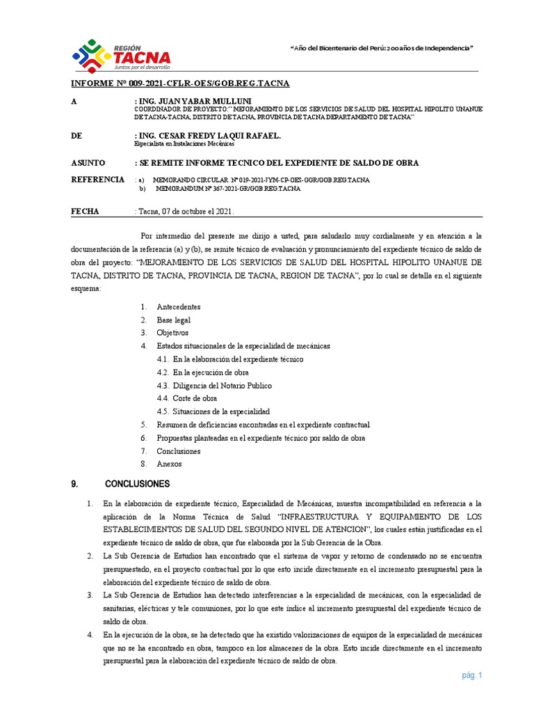 INFORME #009-2021-CFLR-OSP-GRT Se Remite Informe Tecnico Del Expediente Saldo de Obra | PDF