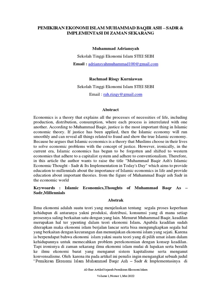 Pemikiran Ekonomi Islam Muhammad Baqir As Sadr & Implementasi Di Zaman ...