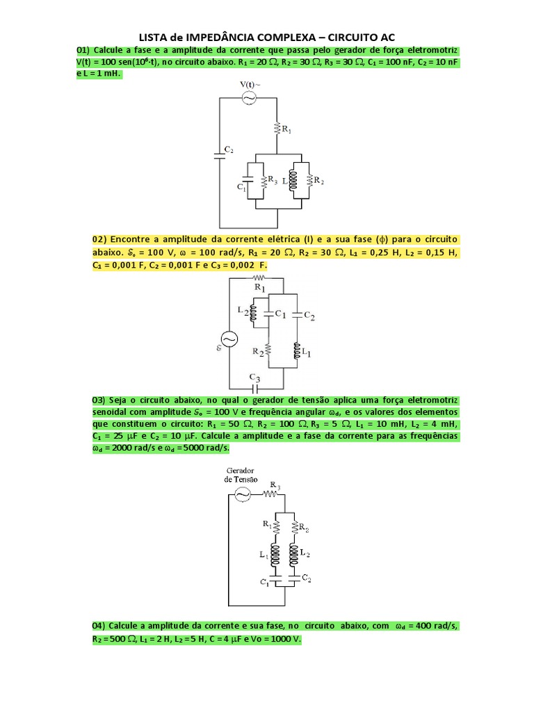 Lista Impedância Complexa | PDF | Rede elétrica | Engenharia Elétrica