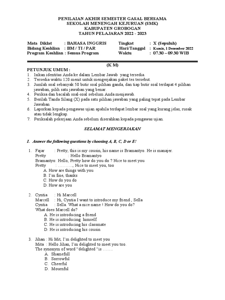 SOAL B-ING PAS GSL X 2022 - 2023 | PDF | Indonesia