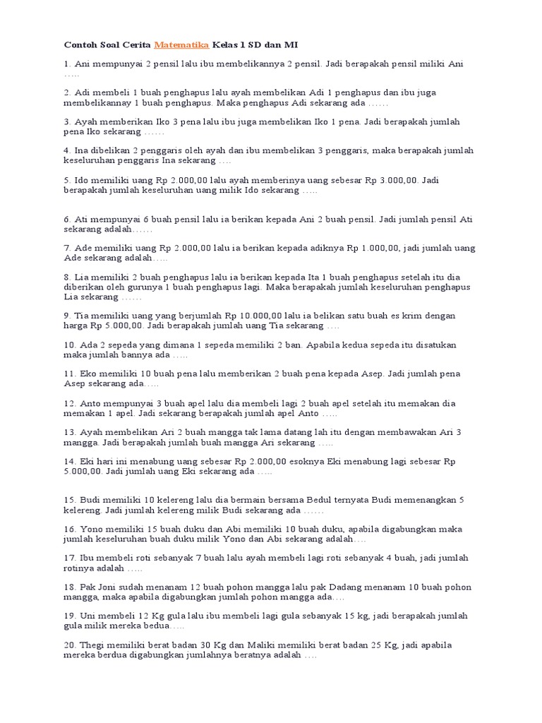 Contoh Soal Matematika Kelas 1 Sd Kurikulum Merdeka Pdf