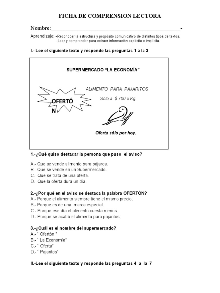 FICHA DE COMPRENSIÓN LECTORA 7 Lista | PDF | Lingüística