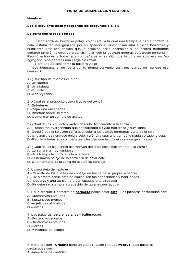 FICHA DE COMPRENSIÓN LECTORA 11 Lista | PDF