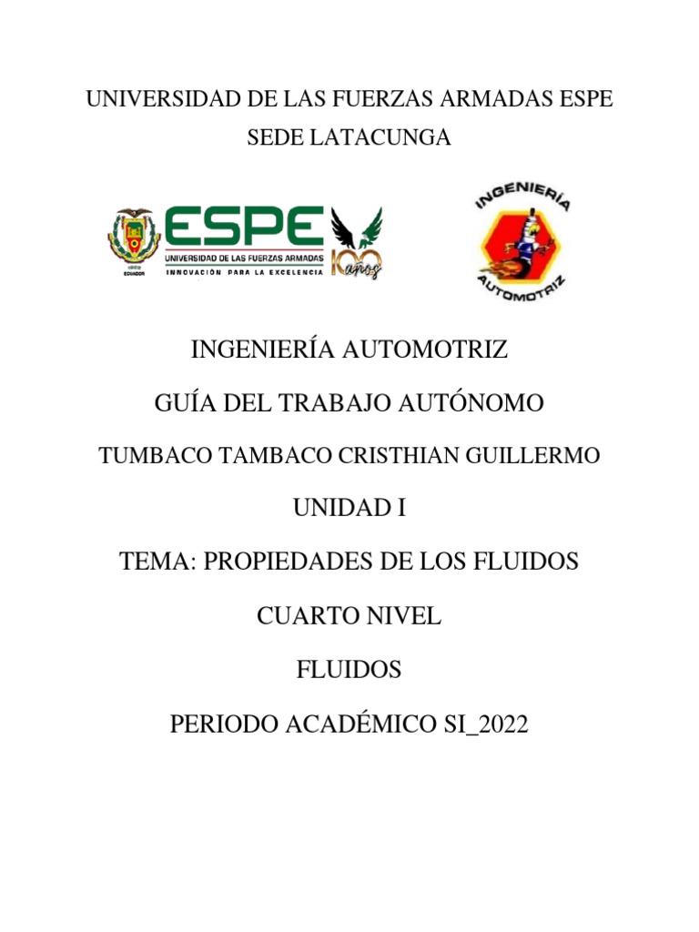 Tumbaco Tambaco Cristhian Guillermo - Guia - Unidad I - Fluidos | PDF