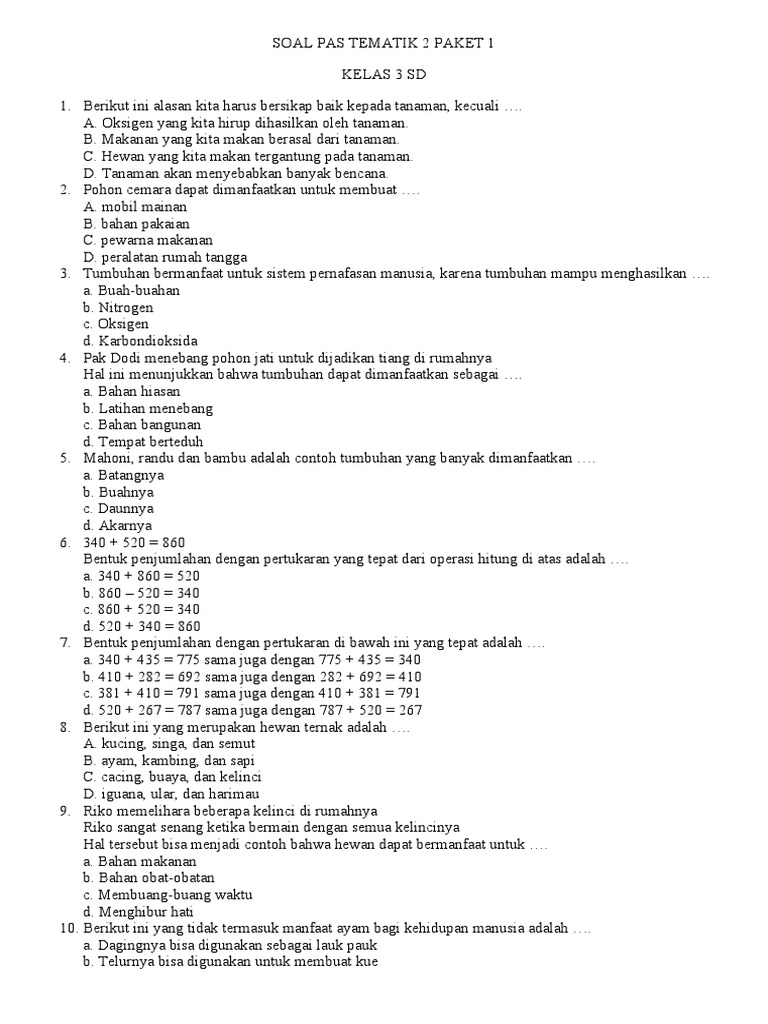 SOAL PAS TEMA 2 SUBTEMA 2 Dan 3 Kelas 3 SD | PDF
