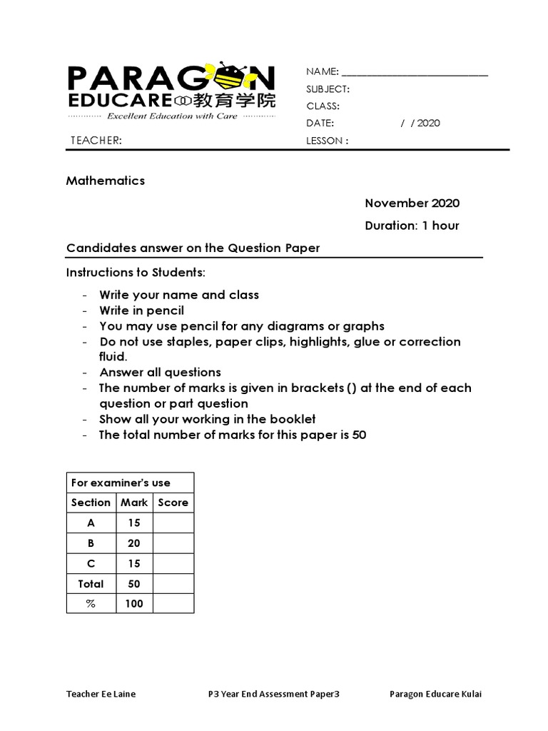 P3 Year End Assessment Paper 3 | PDF | Area | Litre