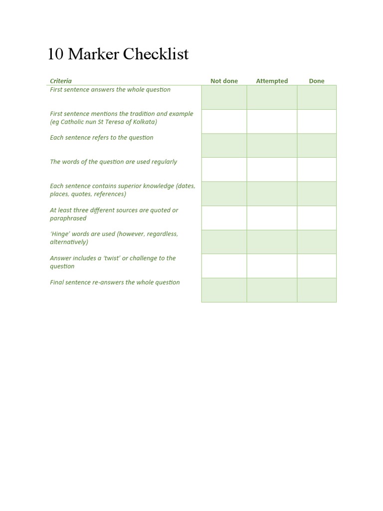 10 Marker Checklist | PDF