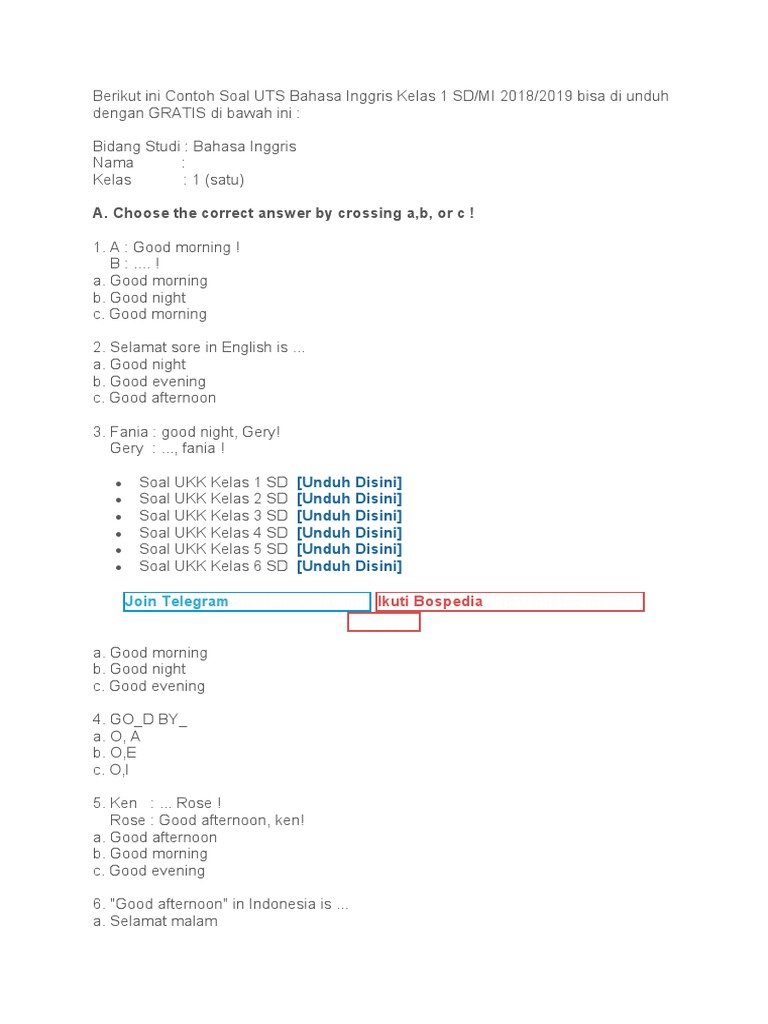 Contoh Soal UTS Bahasa Inggris Kelas 1 SD | PDF | Office Work | Conservation And Restoration ...