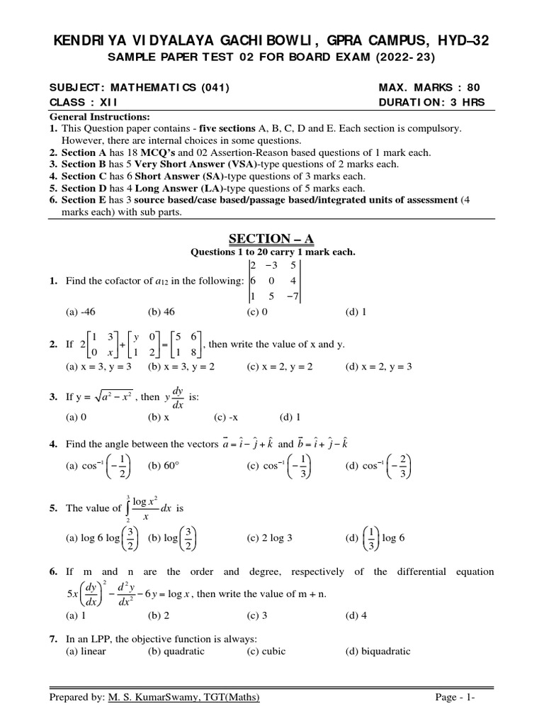 Maths Class Xii Sample Paper Test 02 For Board Exam 2023 | PDF | Matrix ...