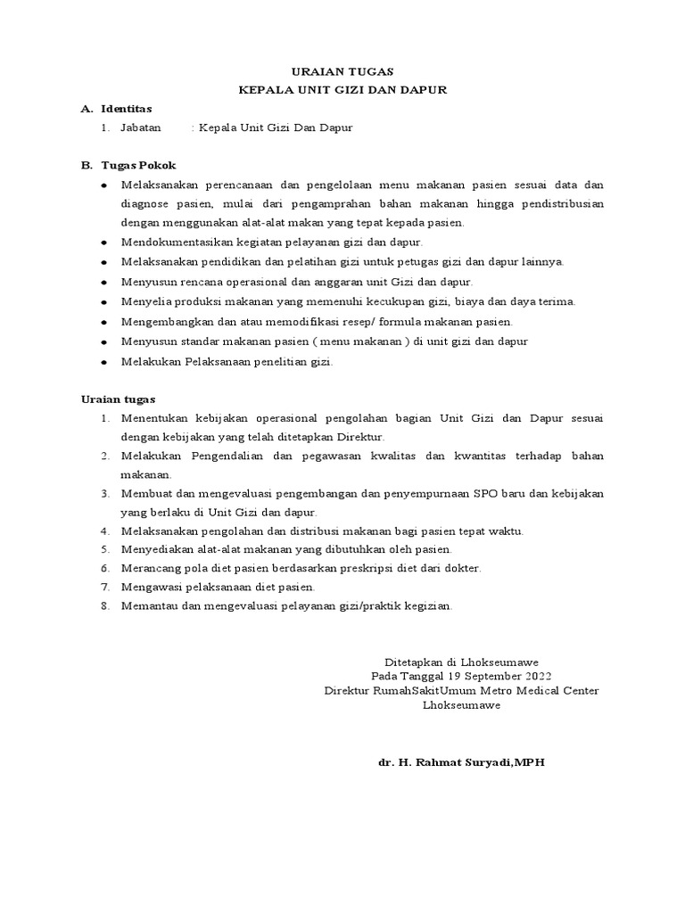 Tugas Kepala dan Petugas Gizi Dapur | PDF | Kesehatan Holistik | Sains & Matematika
