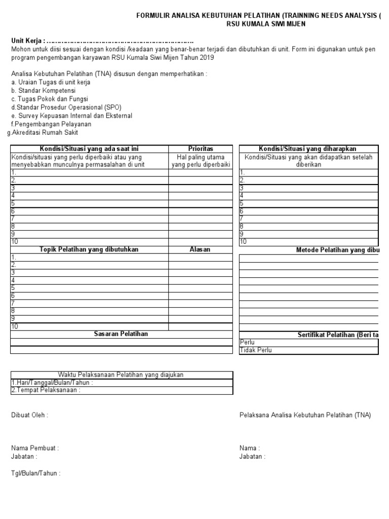Formulir TNA RSU Kumala Siwi | PDF