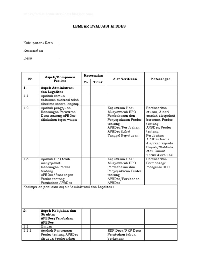 LEMBAR EVALUASI APBDES Tarub | PDF