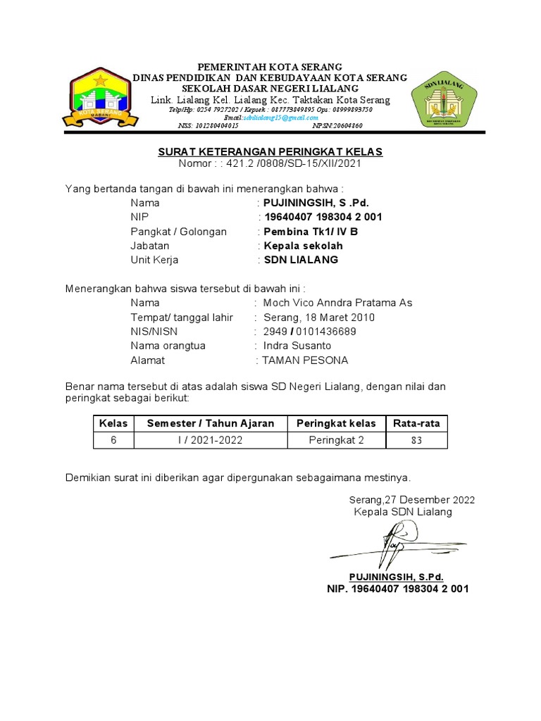 Surat Keterangan Peringkat 1 | PDF