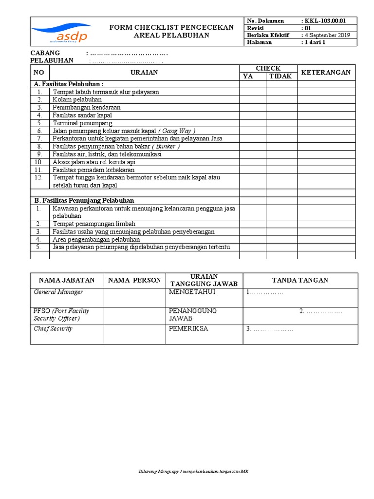 KKL-103.00.01 Checklist Pengecekan Areal Pelabuhan | PDF