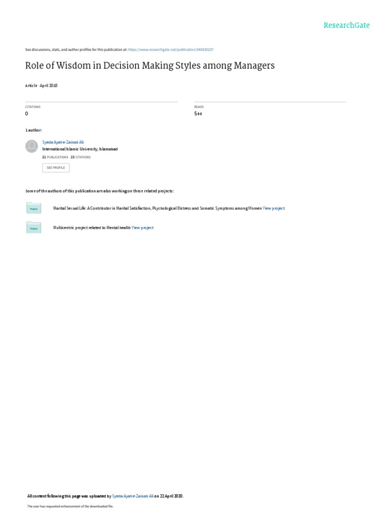 Role of Wisdom in Decision Making Styles Among Managers | PDF ...