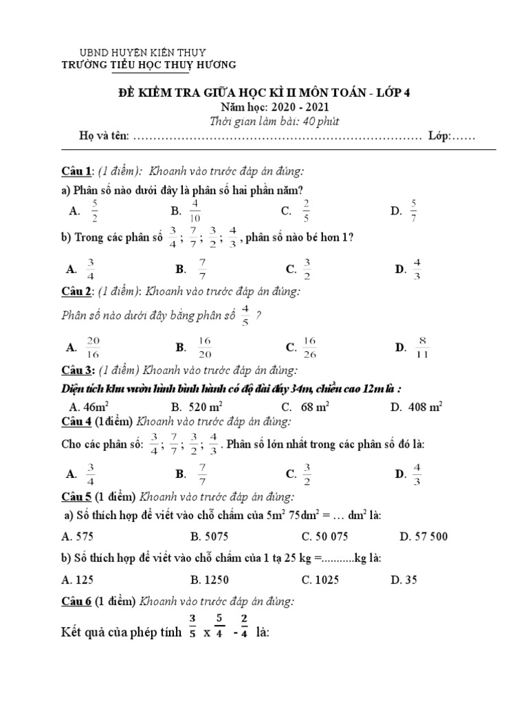 De Thi Giua Hoc Ki 2 Mon Toan Lop 4 de 5 | PDF