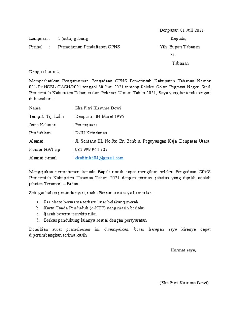 Surat Lamaran CPNS Tabanan 2021 | PDF