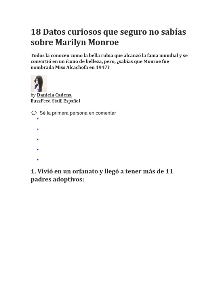 18 Datos Curiosos Que Seguro No Sabías Sobre Marilyn Monroe | PDF 18 Datos Curiosos Que Seguro No Sabías Sobre Marilyn Monroe | PDF