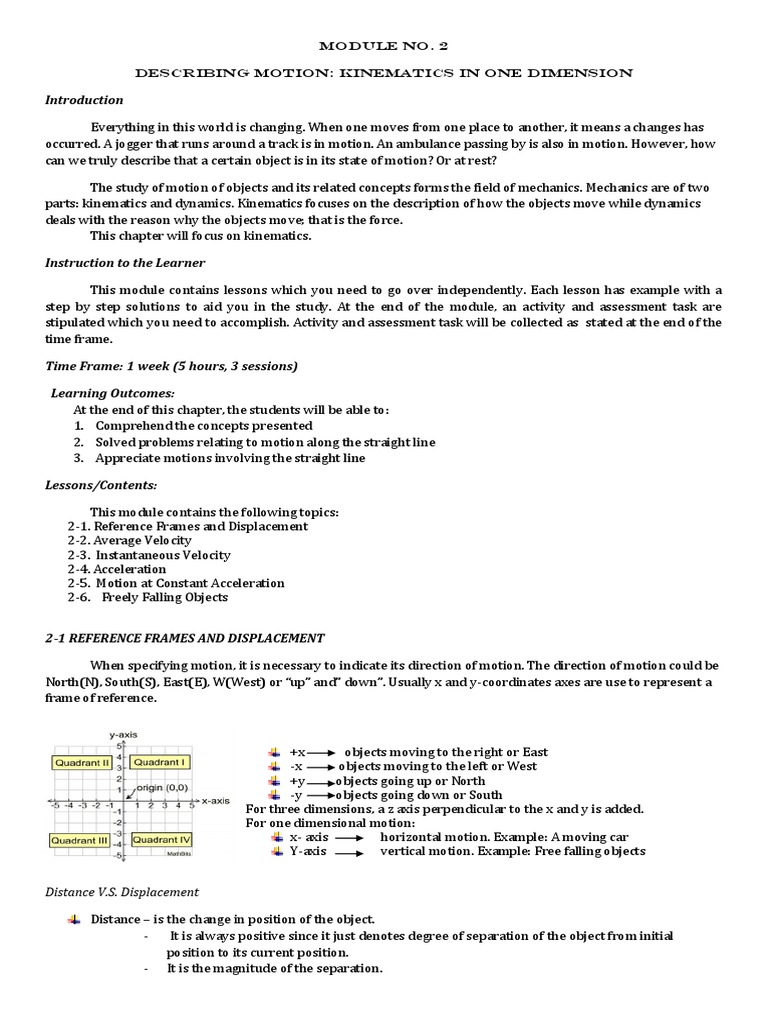 Module 2 Kinematics in One Dimension | PDF | Velocity | Acceleration
