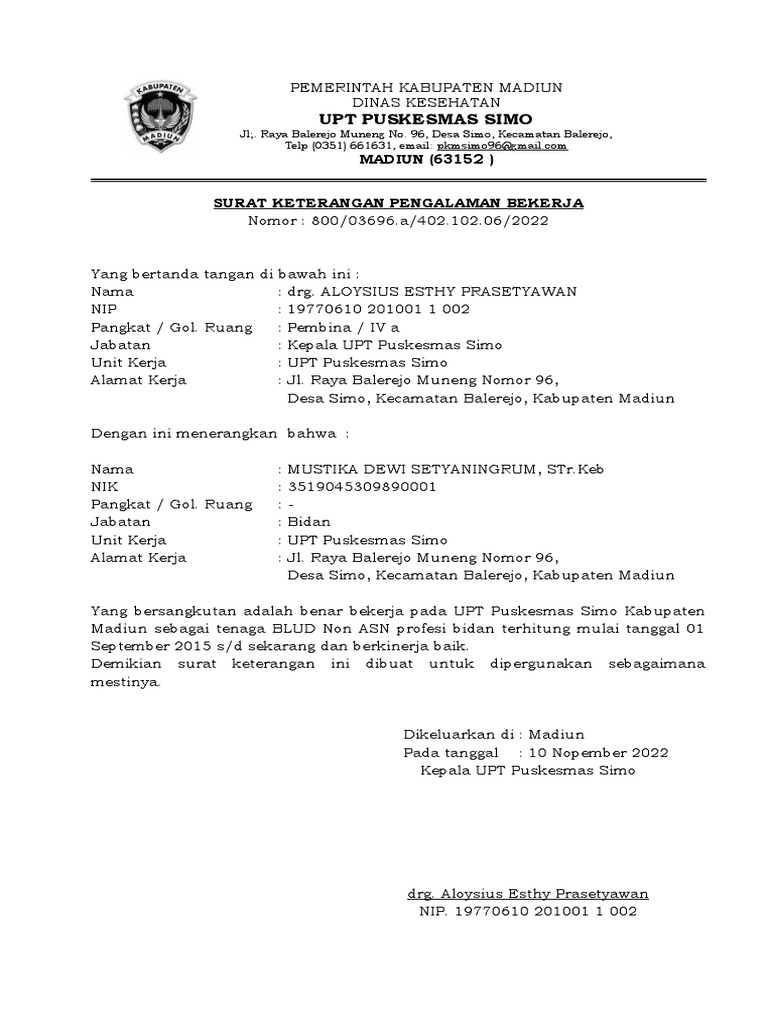 Pengalaman Kerja UPT Puskesmas Simo | PDF