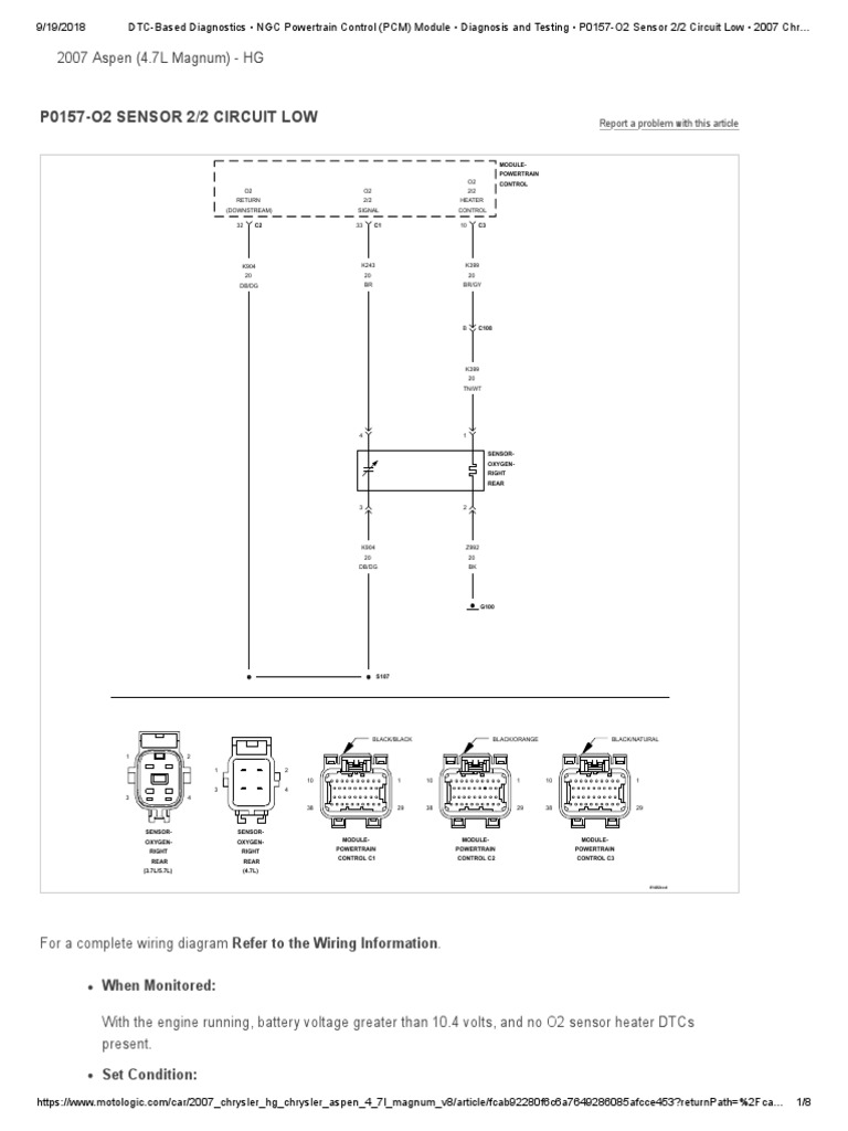 P0157-O2 Sensor 2/2 Circuit Low: 2007 Aspen (4.7L Magnum) - HG | PDF ...
