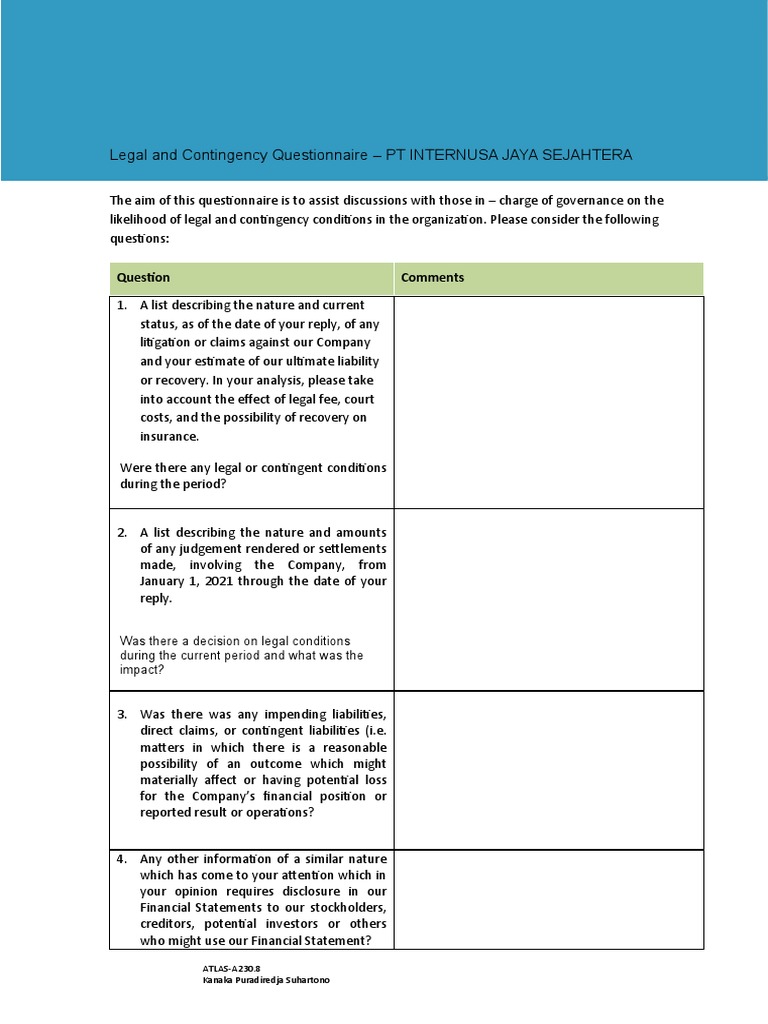 A280 Legal and Contingencies Questionnaire | PDF