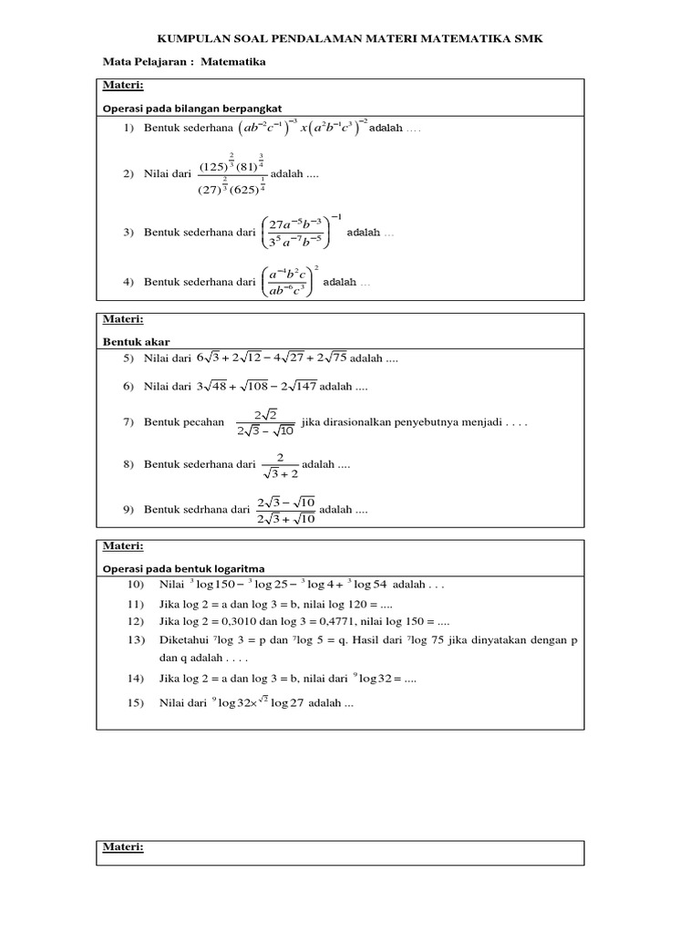 LATIHAN US MTK XII SMK Oke | PDF