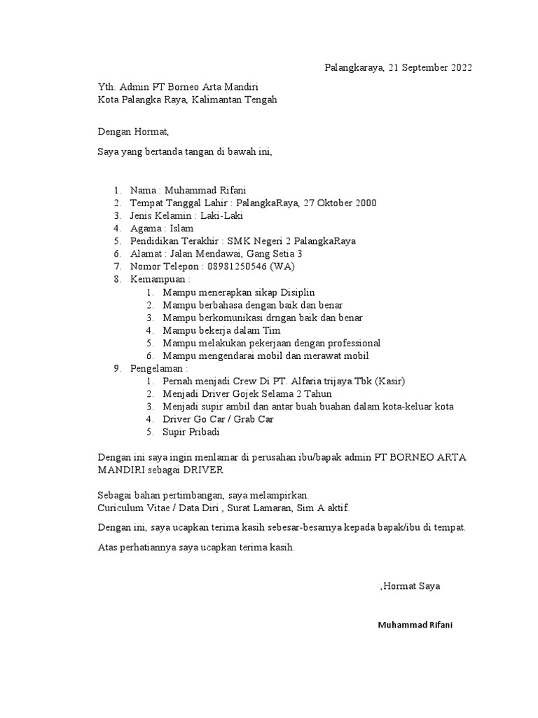 Surat Lamaran PT Bam | PDF