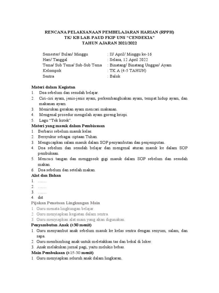 Contoh RPPH Model Sentra (Sentra Balok) | PDF