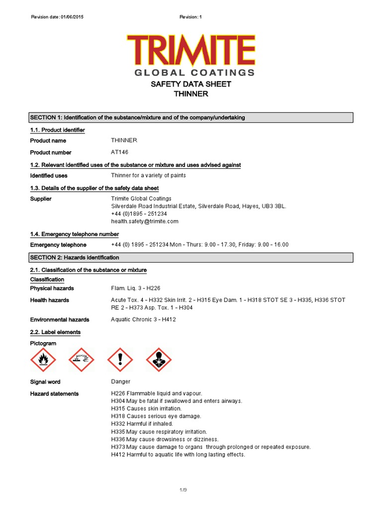 Thinner MSDS | PDF | Dangerous Goods | Carbon Dioxide