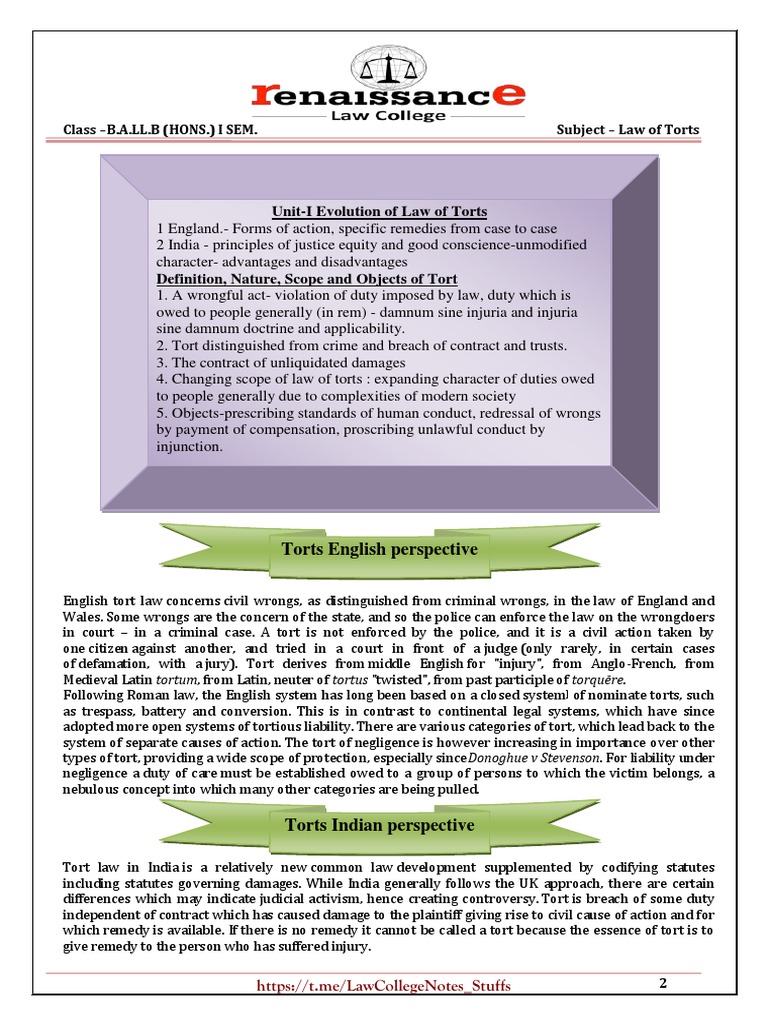 1.2.tort Law Notes | PDF | Vicarious Liability | Tort