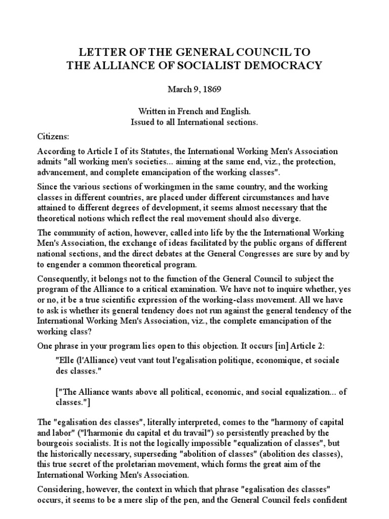 Letter of The General Council To The Alliance of Socialist Democracy ...