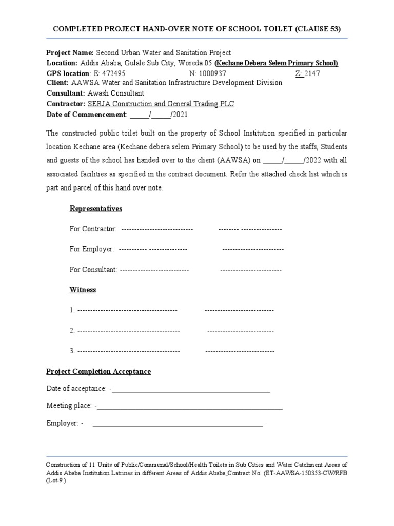 School Handover Format | PDF | Toilet | Sanitation