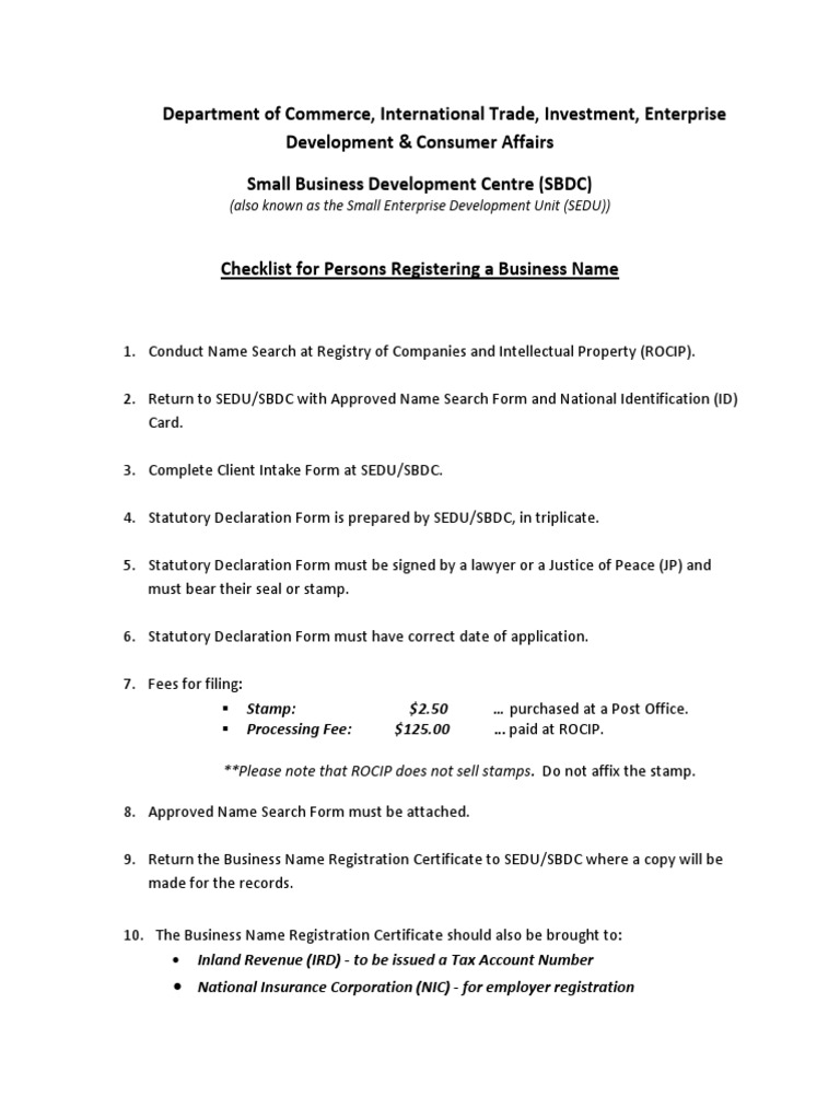 Business Name Registration Checklist | PDF