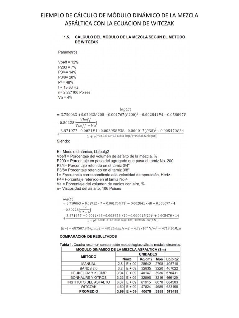 Ejemplo Cálculo Módulo Dinámico Mezcla Asfáltica Ecuacion Witczak | PDF
