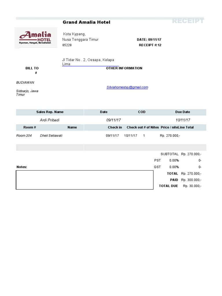 Contoh Bill Hotel Secara Umum | PDF